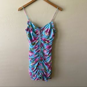 Zara | Dresses | Nwt Zara Ruched Blue Pink Floral Ruched Mini Dress M ...